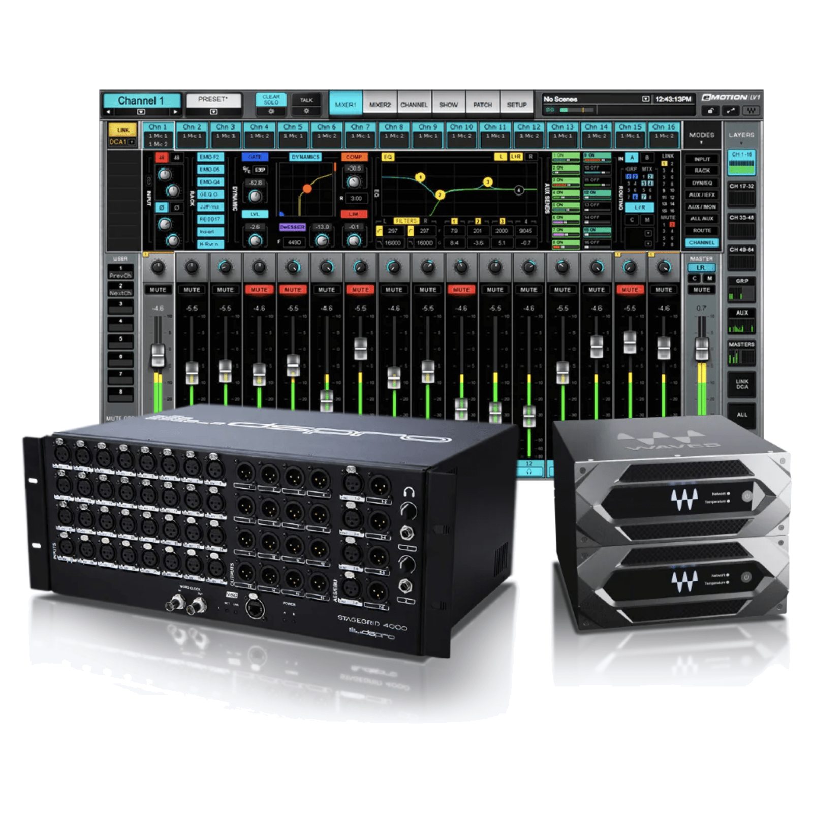 WAVES eMotion LV1 + Extreme Server-C + 32-Preamp Stagebox + Axis Scope ...
